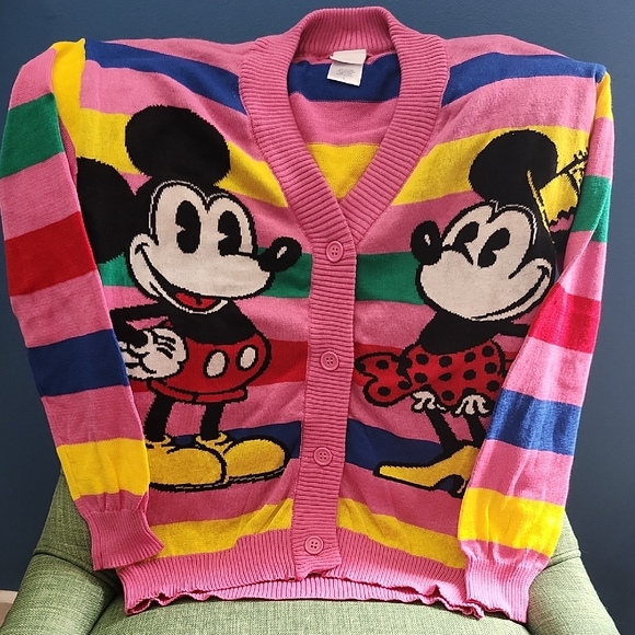 Disney | Shirts & Tops | Disney Pink Striped Mickey And Minnie Cardigan ...